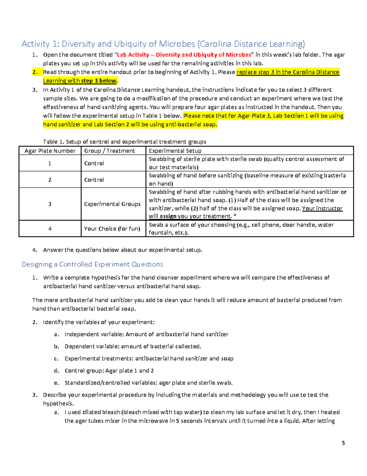 Lab 8 Handout - Diversity and Ubiquity of Microbes - 5 Activity 1 ...