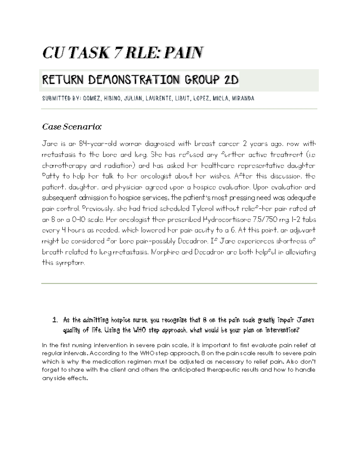 CU Task 7 RLE Group 2D - activity - CU TASK 7 RLE: PAIN RETURN ...