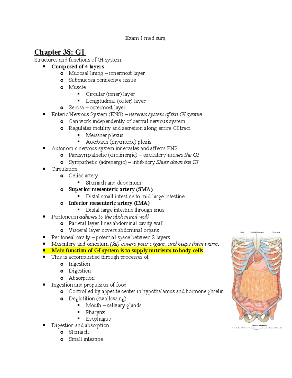 Exam 1 med surg - notes - Exam 1 med surg Chapter 38: GI Structures and ...