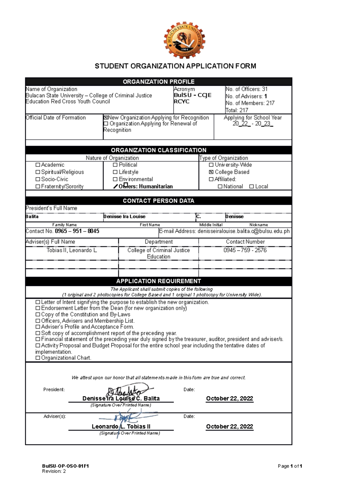01F1 Student Organization Application Form - STUDENT ORGANIZATION ...