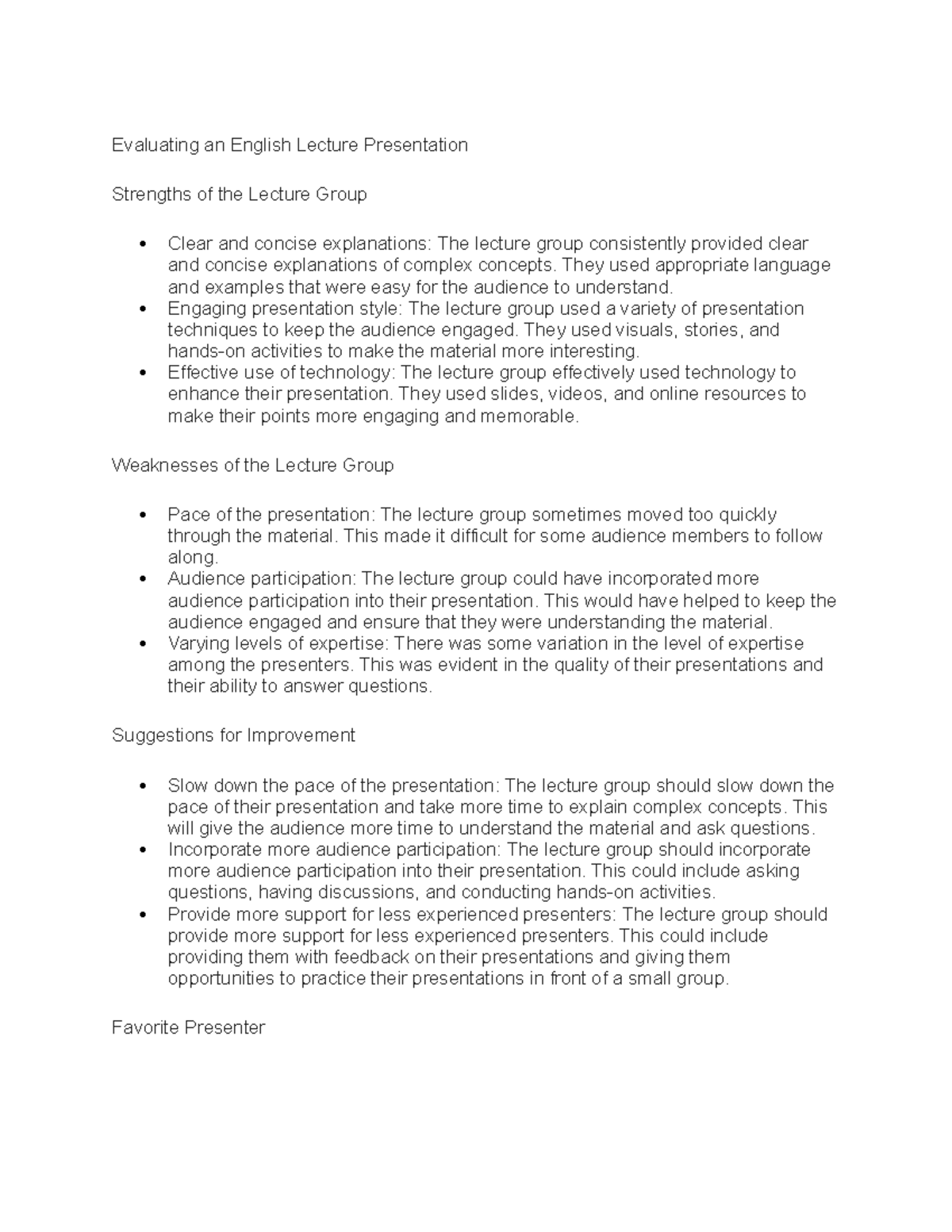 Evaluating an English Lecture Presentation - Evaluating an English ...
