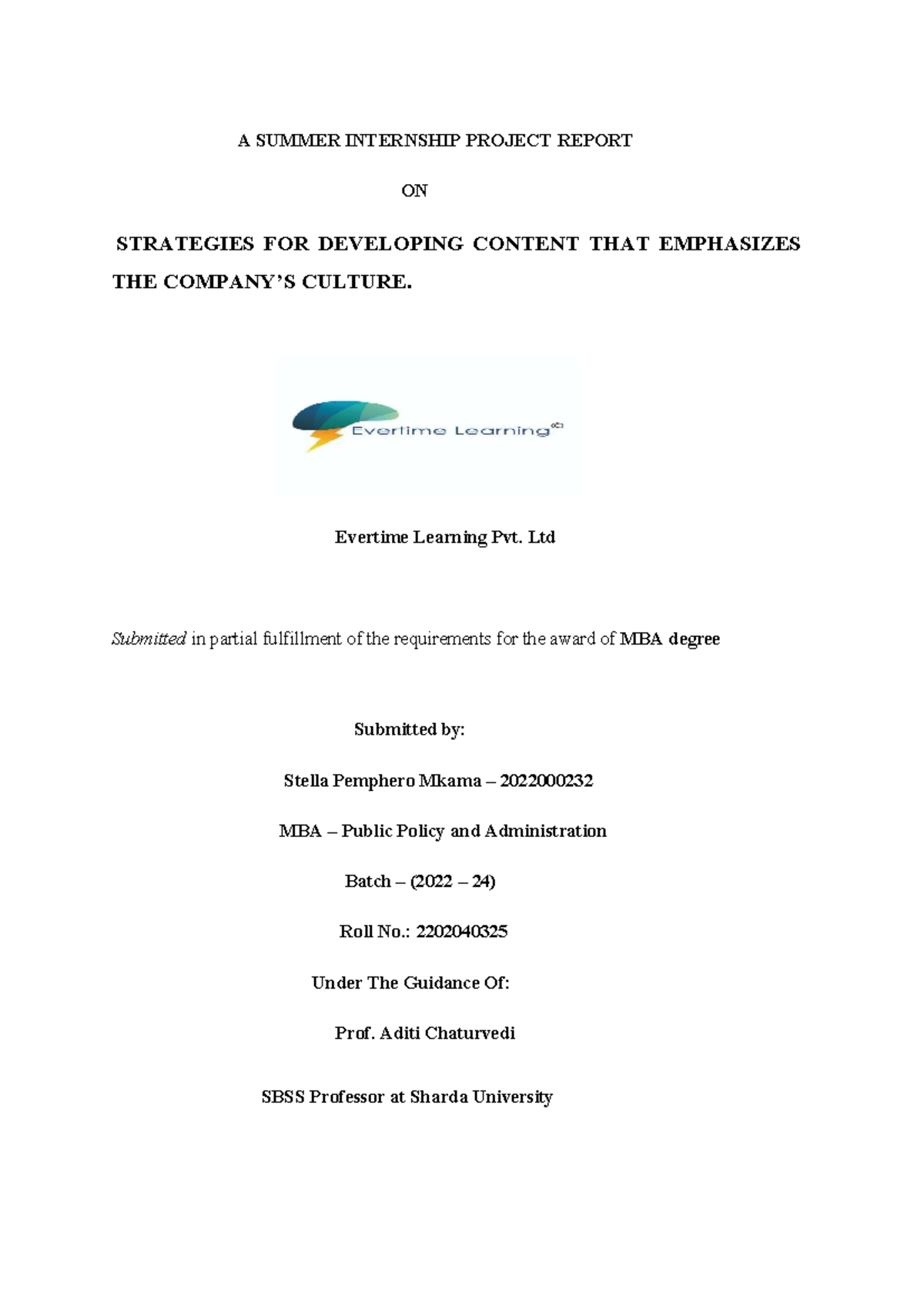 Sample SIP Report - SU - A SUMMER INTERNSHIP PROJECT REPORT ON ...