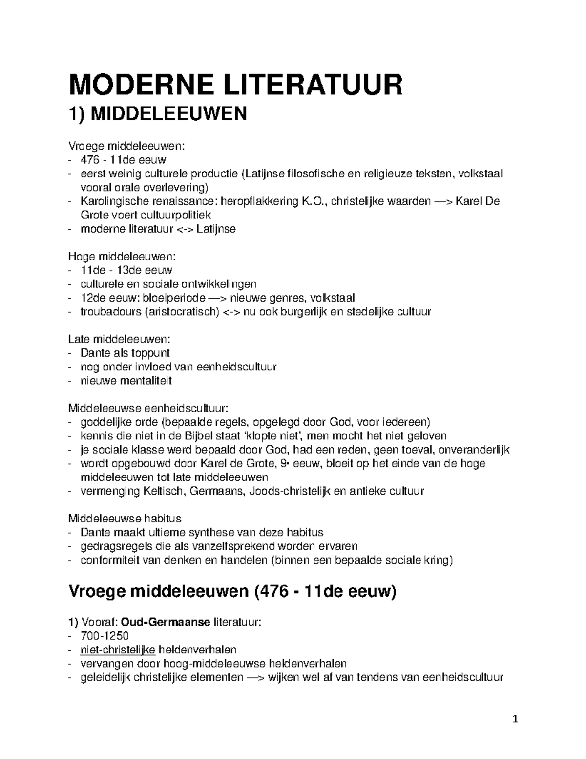 Moderne Literatuur - Samenvatting - MODERNE LITERATUUR 1) MIDDELEEUWEN ...