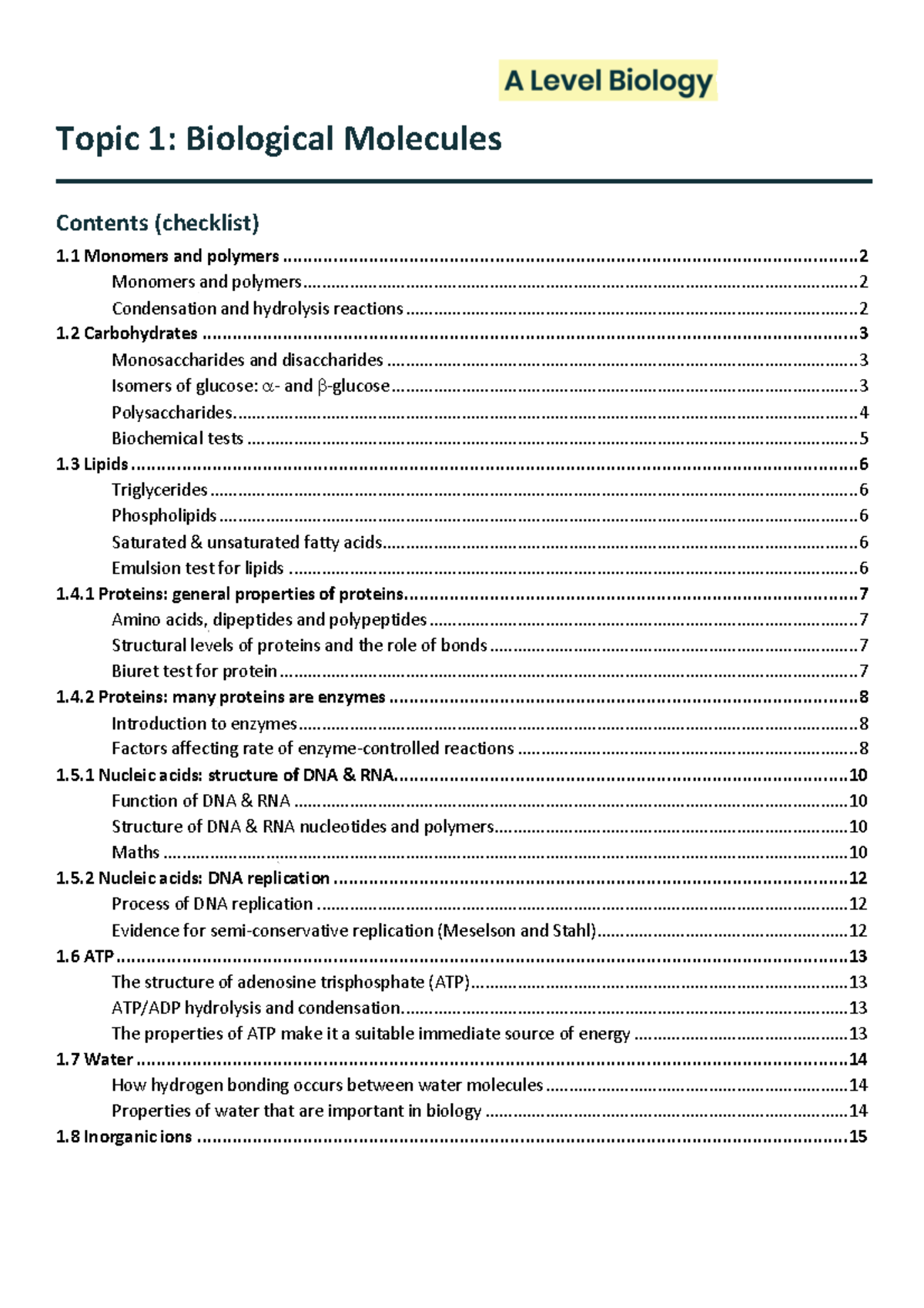Topic 1 A Level Biochem - Topic 1: Biological Molecules 1 Monomers and ...