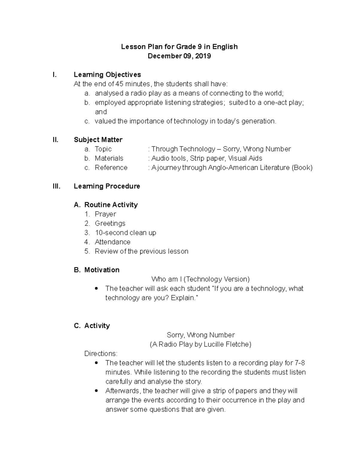 Lesson Plan for Grade 9 in English - Sorry, Wrong Number - Lesson Plan ...