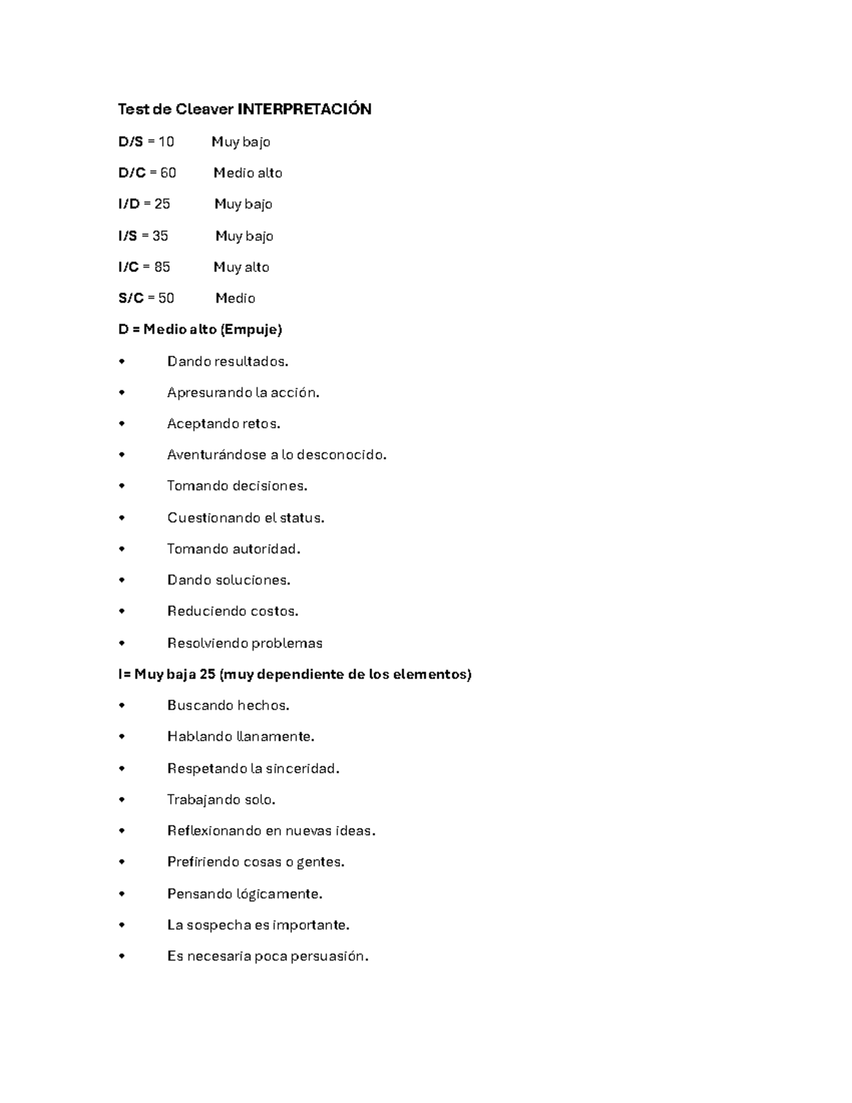 Test de Cleaver Interpretación - Test de Cleaver INTERPRETACIÓN D/S ...