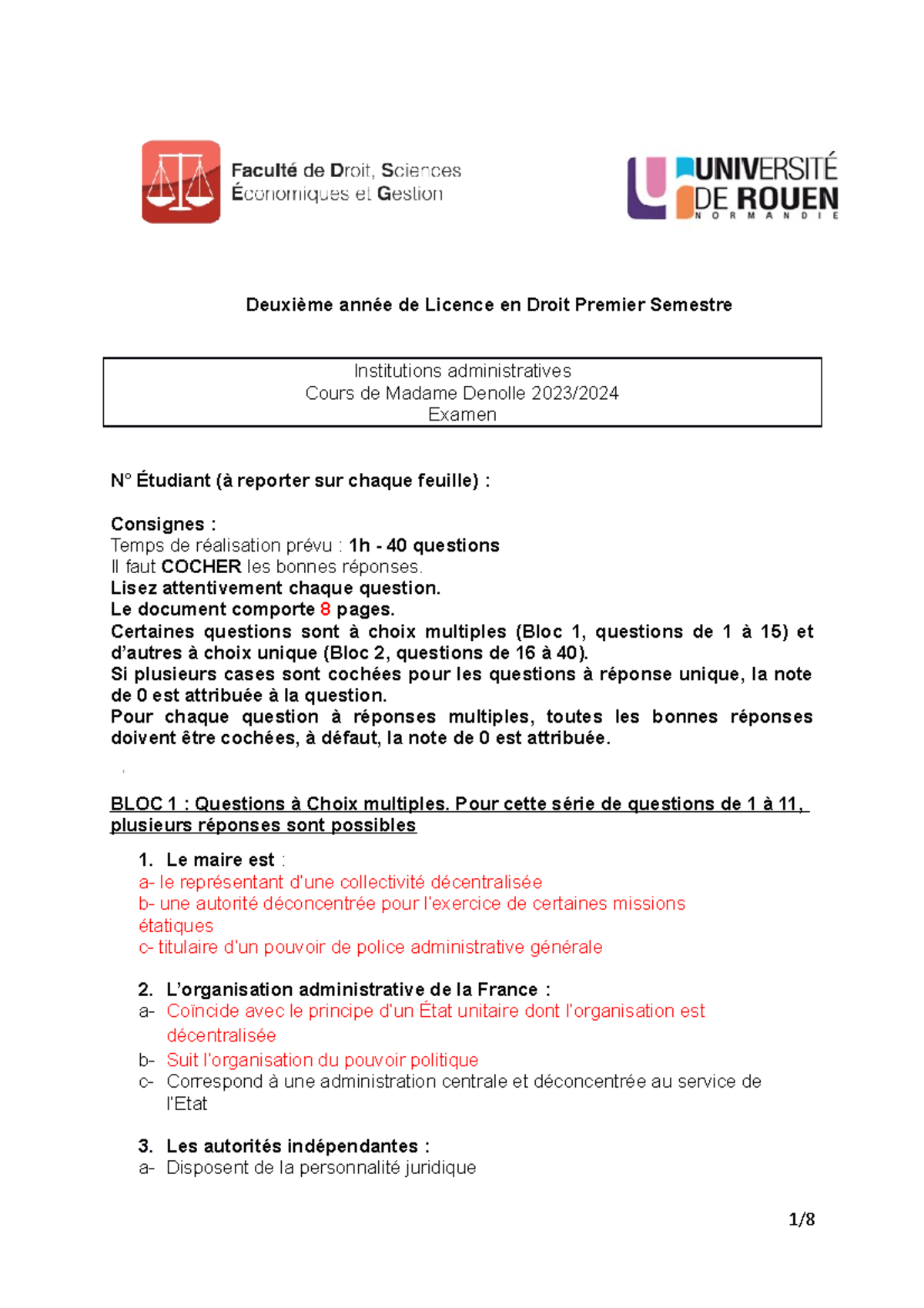 QCM 2023 corrig Ã© - Deuxième année de Licence en Droit Premier Semestre Institutions - Studocu