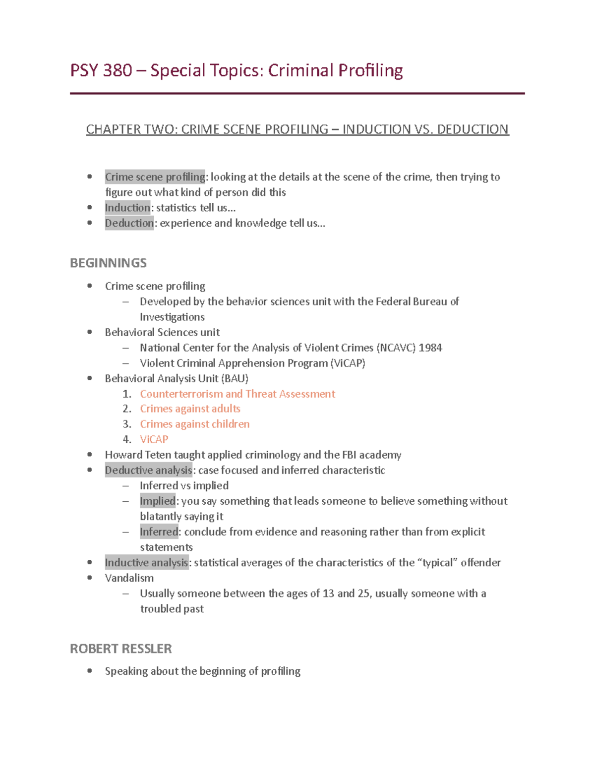 CJ 380 - Chapter 2 Crime Scene Profiling - PSY 380 – Special Topics: Criminal Profiling CHAPTER ...