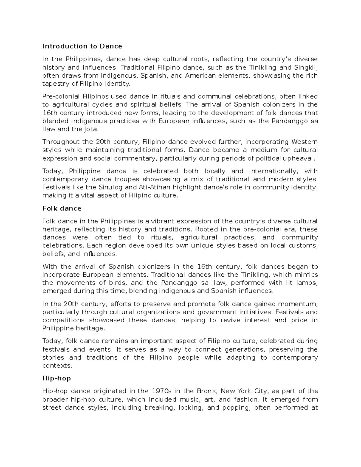 Introduction-to-Dance - Introduction to Dance In the Philippines, dance ...