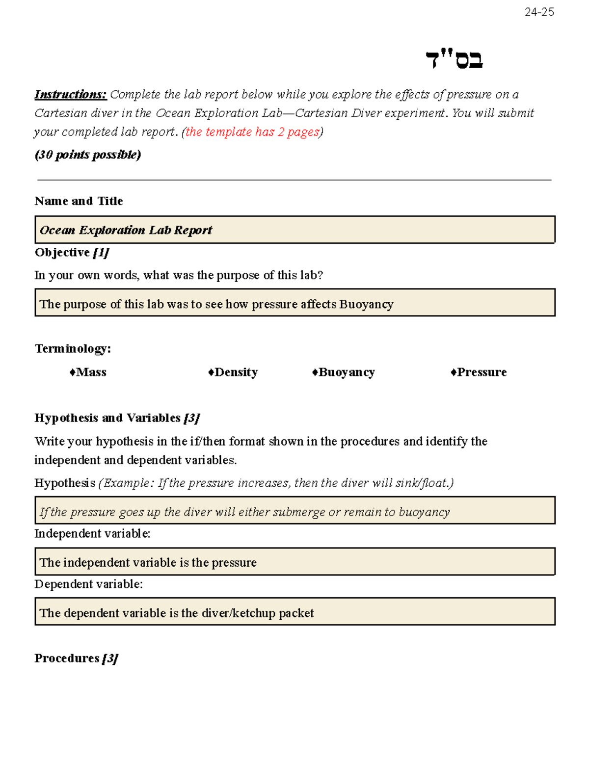 1.02 Alternate 24-25 - Lab report - 24- בס"ד Instructions: Complete the ...