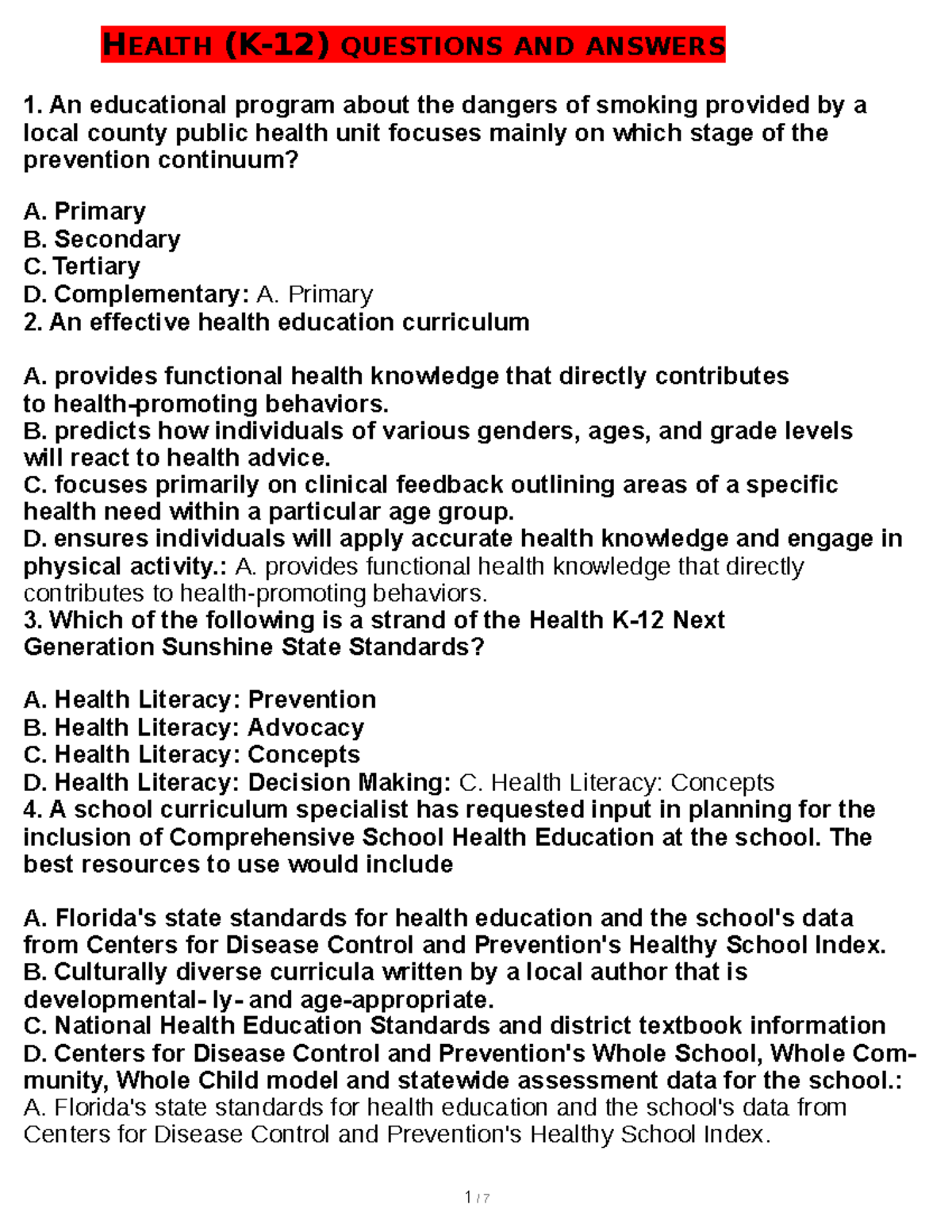 Health (K-12) Questions AND Answers - An educational program about the ...