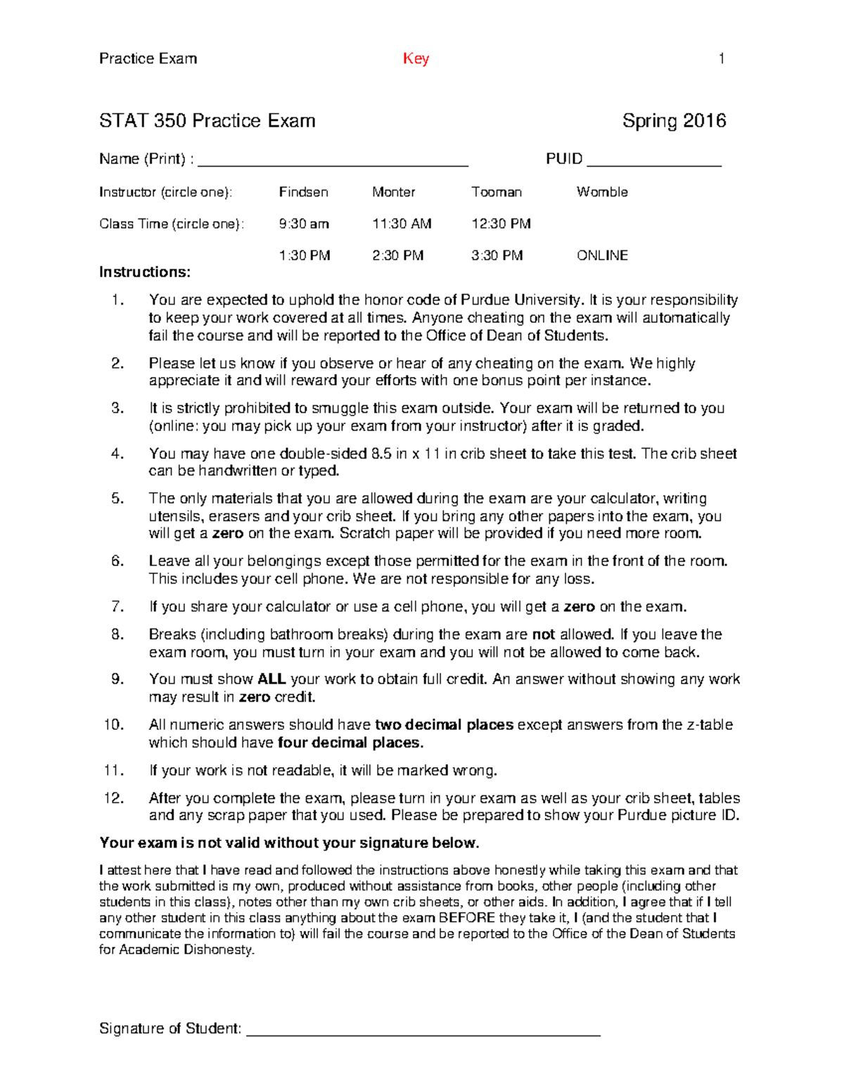 Practice Exam 1Spring 2016 Key - STAT 350 Practice Exam Spring 2016 ...
