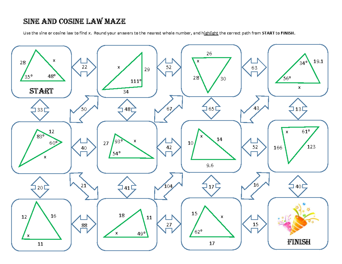 Sineand Cosine Law Maze Worksheet-1 - SINE AND COSINE LAW Maze Use the ...