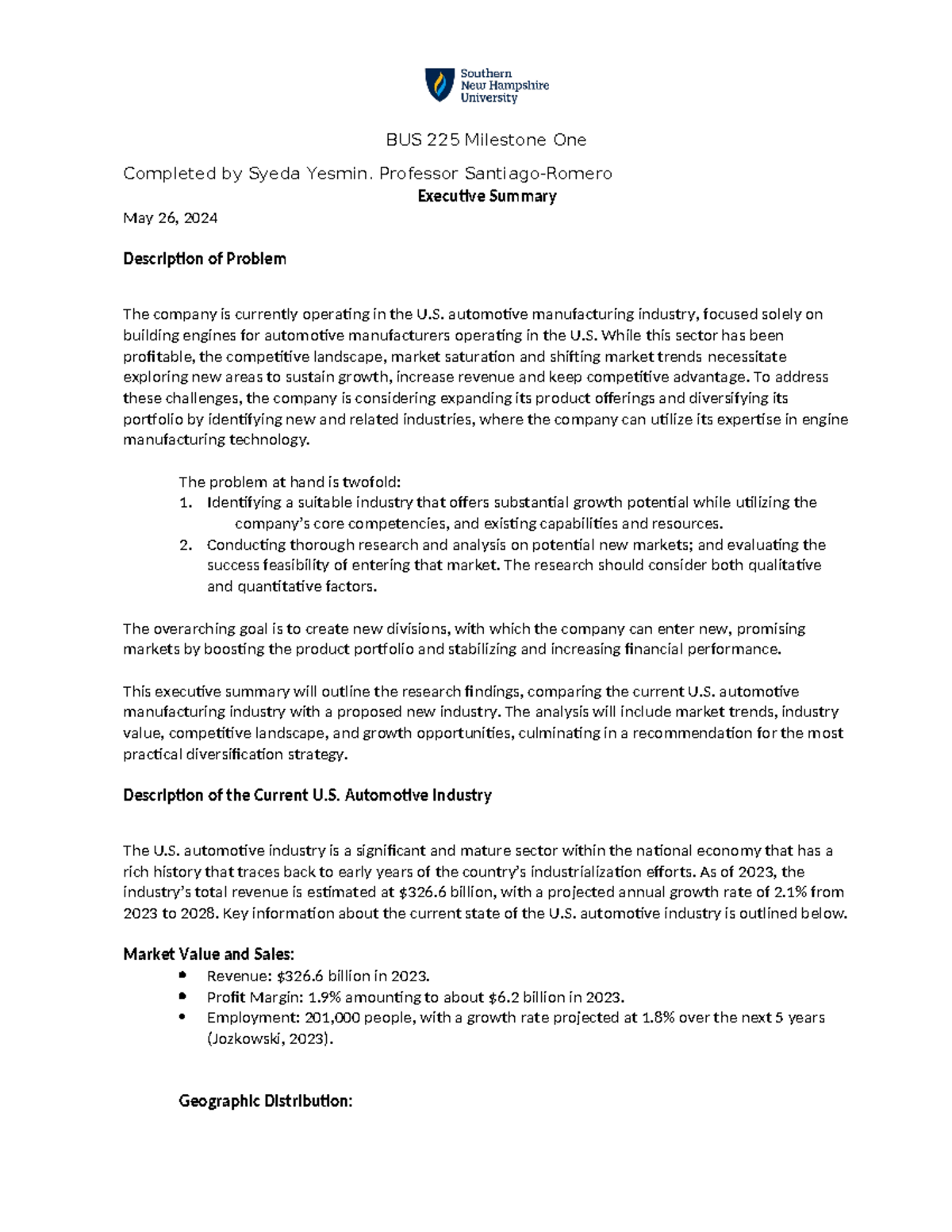 BUS 225 Project One - BUS 225 Milestone One Completed by Syeda Yesmin ...