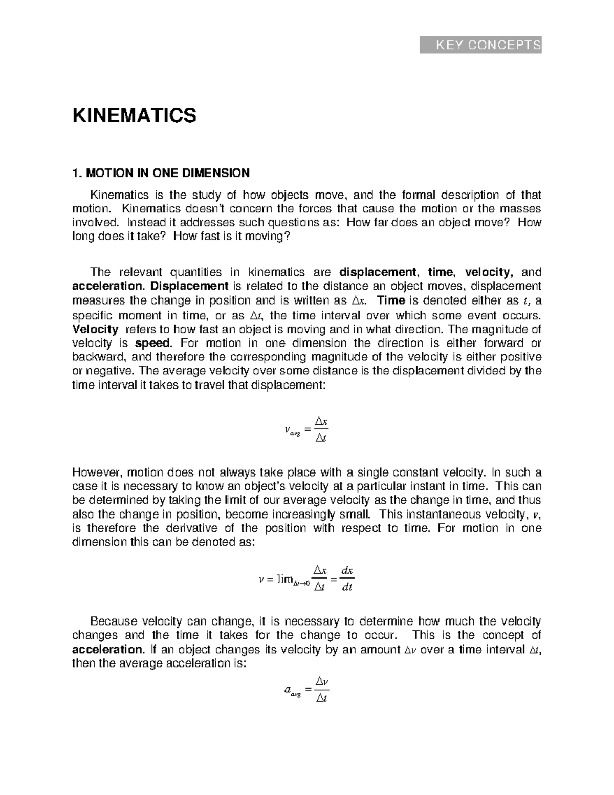 Chapter 1 Key Concepts-1-1 - KINEMATICS 1. MOTION IN ONE DIMENSION ...