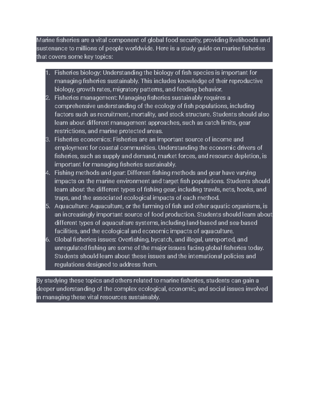 Marine fisheries - Here is a study guide on marine fisheries that ...