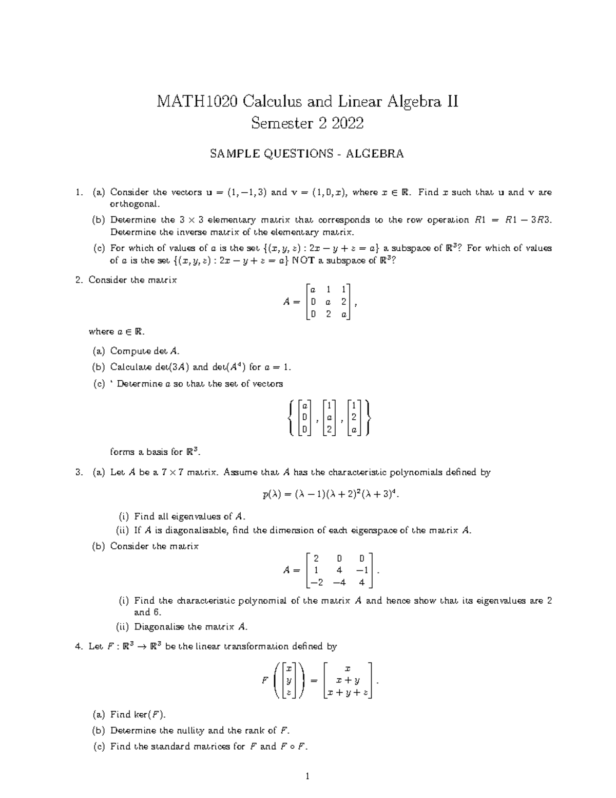 Sample Questions-Algebra - MATH1020 Calculus and Linear Algebra II ...