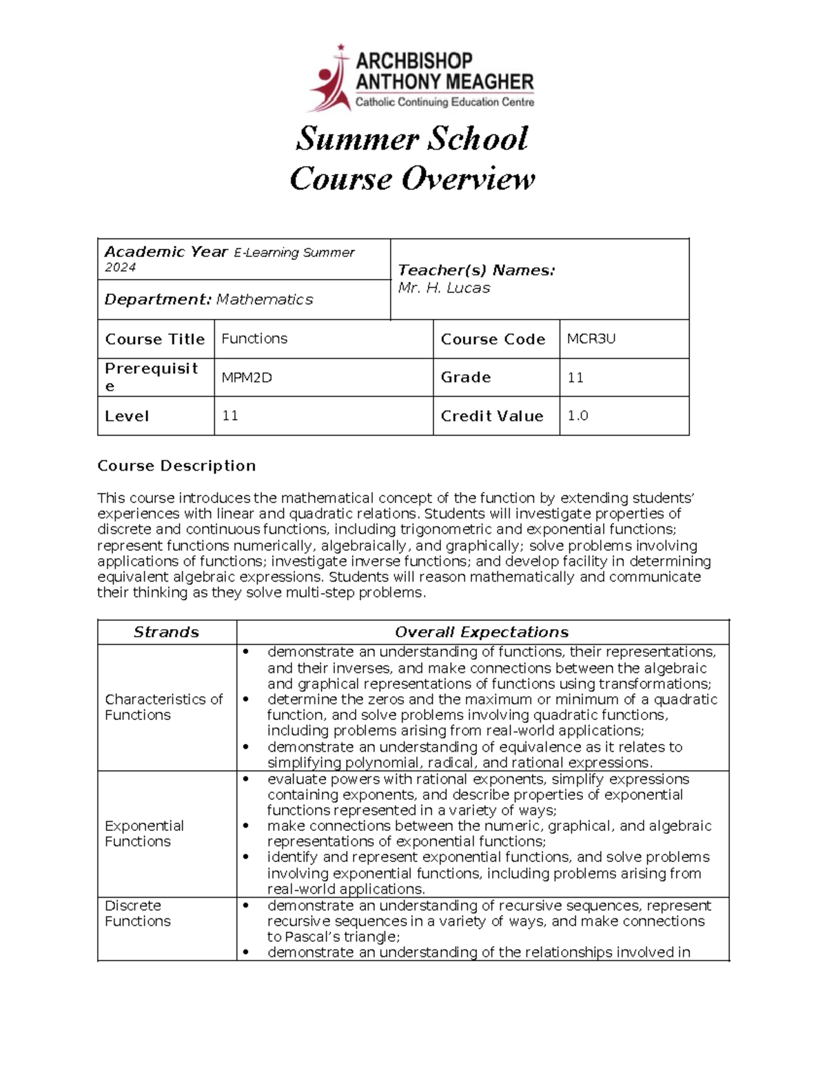 Course Overview USE 1 - aSSIGNMENT - Summer School Course Overview ...
