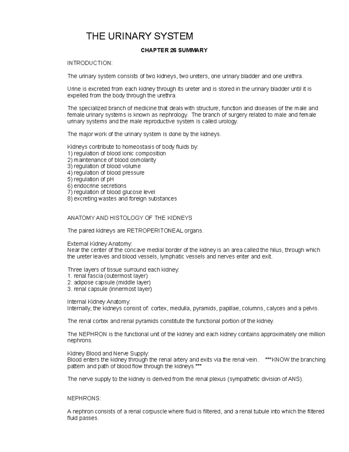 Urinary summary guide anatomy and phys - THE URINARY SYSTEM CHAPTER 26 ...