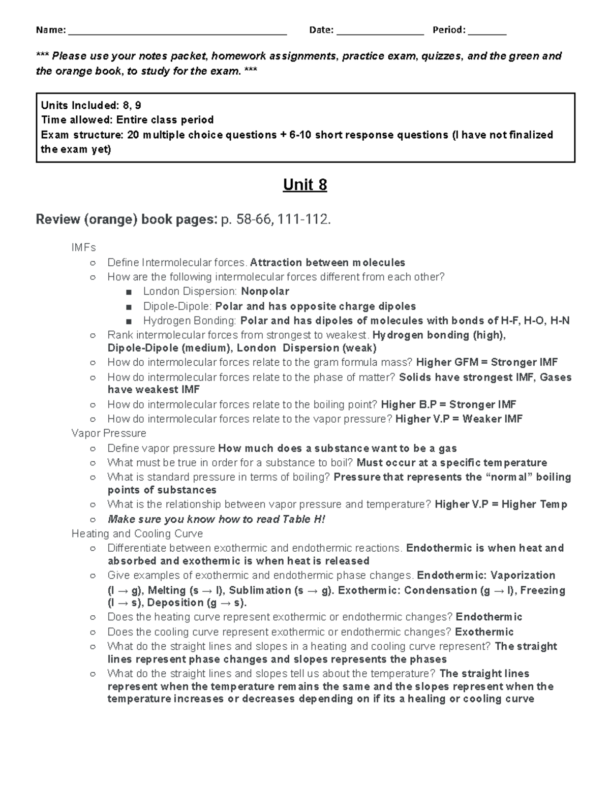 Exam 5 study guide - Unit 8 (Phases of Matter) and Unit 9 (Gas Laws ...