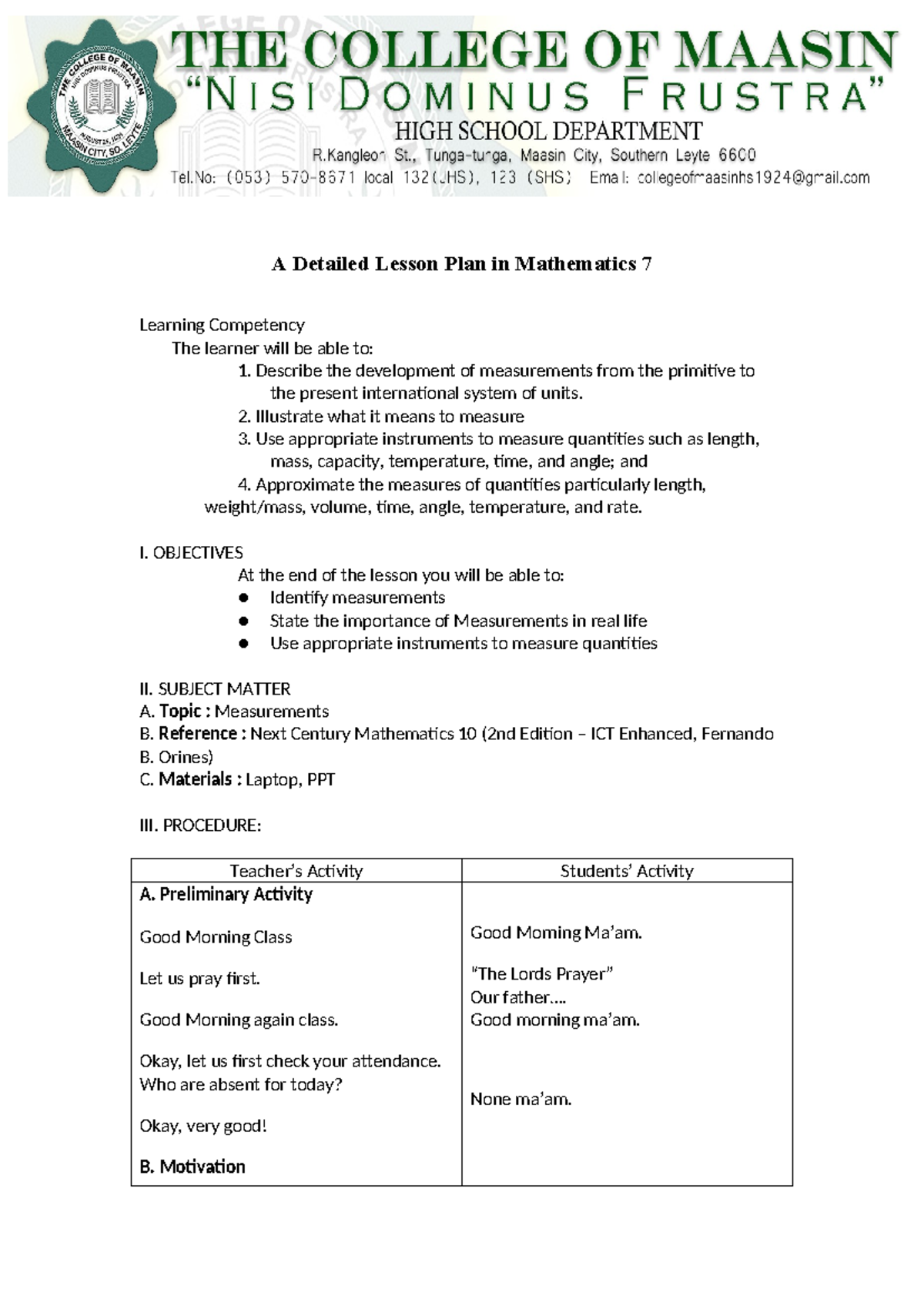 LP in Math 7 - Measurements - A Detailed Lesson Plan in Mathematics 7 ...