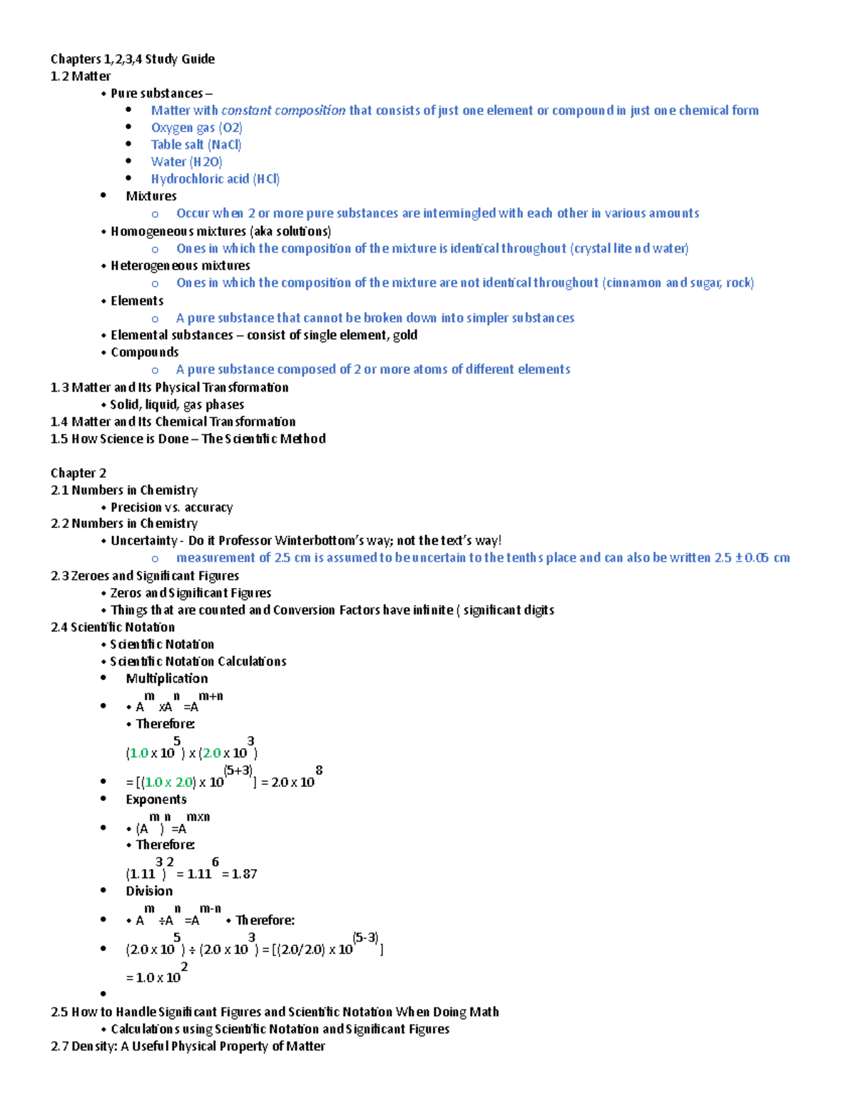 Study guide for the first chemistry exam - Chapters 1,2,3,4 Study Guide ...