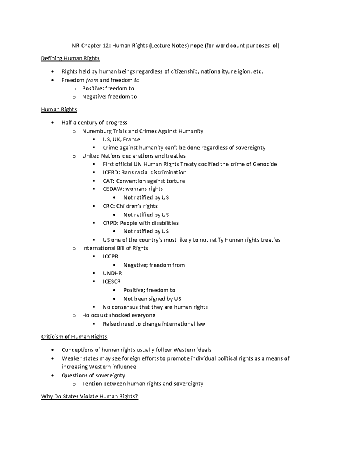 INR Chapter 12 Human Rights (Lecture Notes) - Freedom from and freedom ...