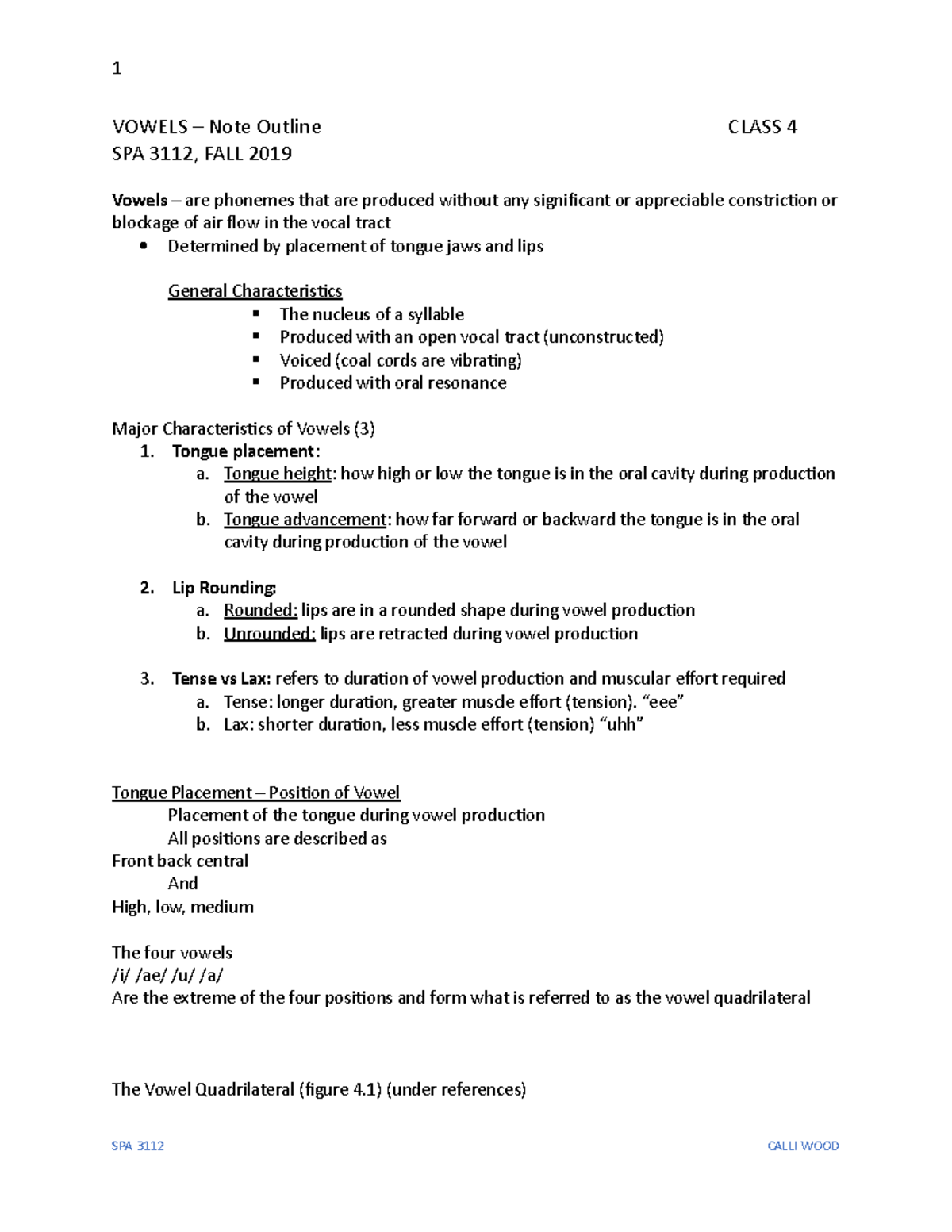 Phonetics- Vowels Class 4 - VOWELS – Note Outline CLASS 4 SPA 3112 ...