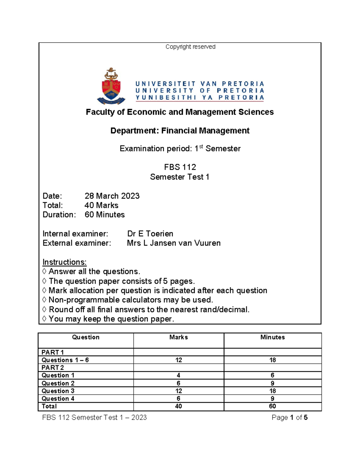 FBS 112 ST1 - Copyright reserved Faculty of Economic and Management ...