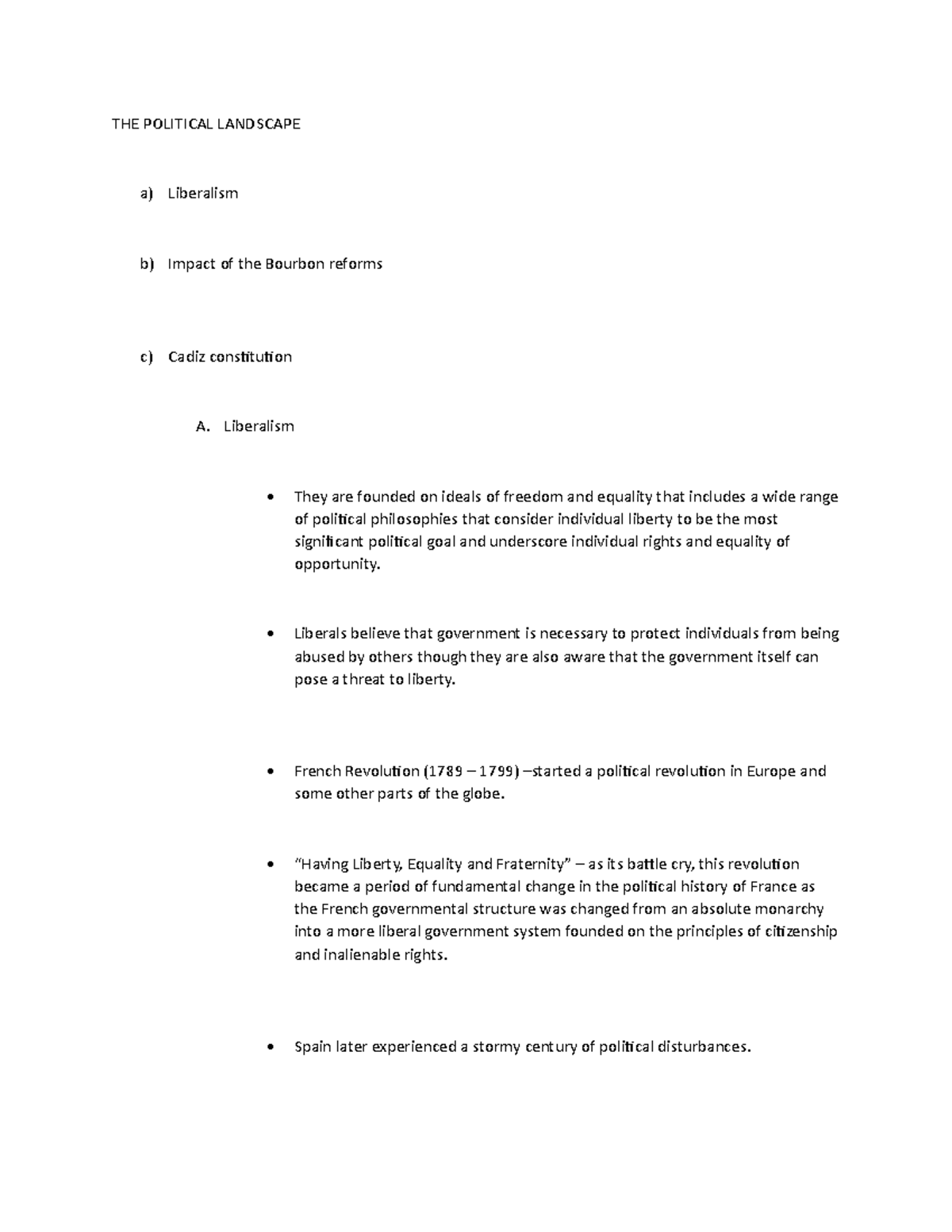 Lecture 7 - THE POLITICAL LANDSCAPE a) Liberalism b) Impact of the ...