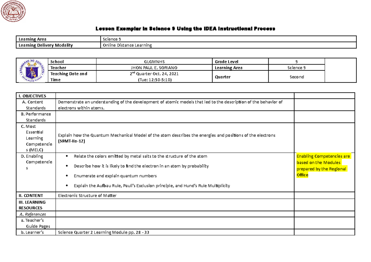 Electrons - Lesson Exemplar in Science 9 Using the IDEA Instructional ...