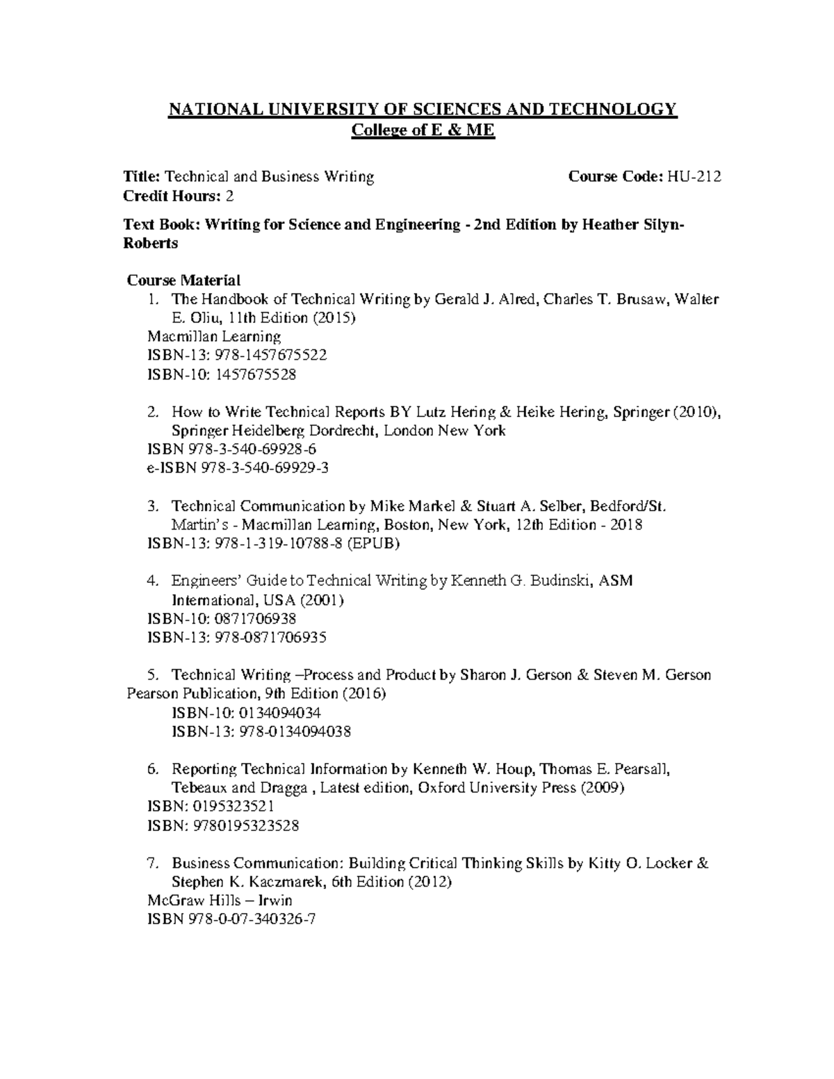 HU-212-Technical Business Writing - NATIONAL UNIVERSITY OF SCIENCES AND ...