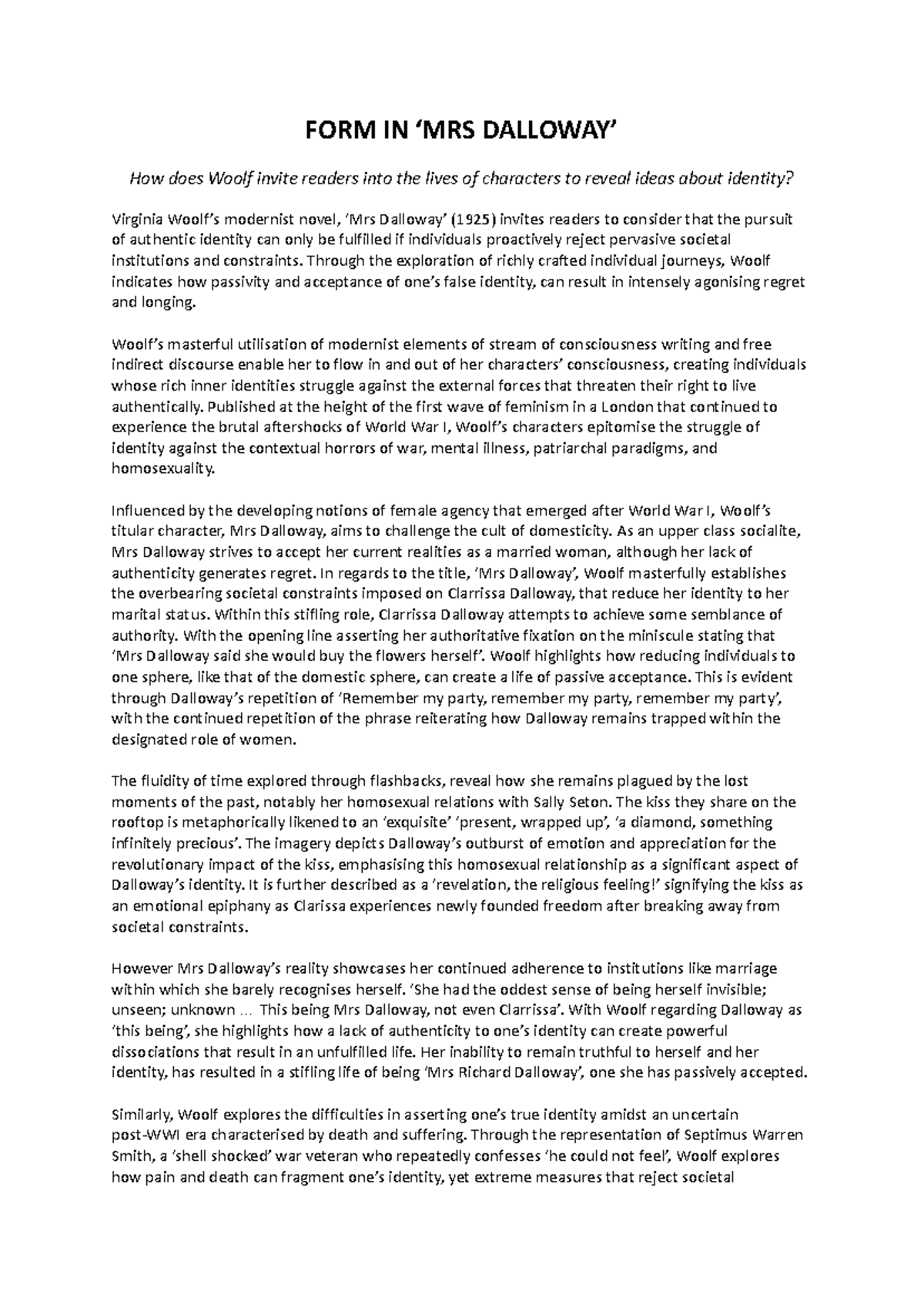 Mrs Dalloway Identity Essay with The Hours - FORM IN ‘MRS DALLOWAY’ How ...