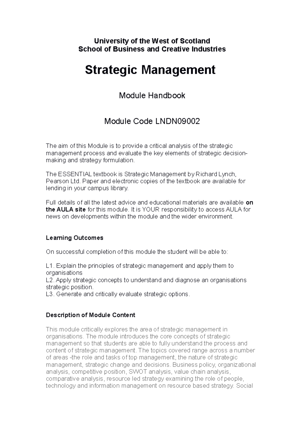 Strategic Management - University of the West of Scotland School of ...