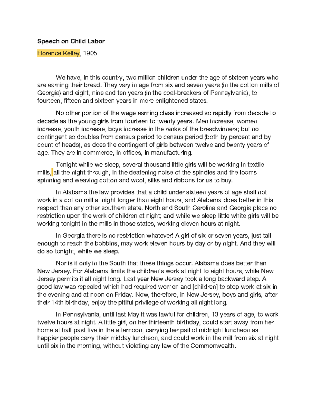 Annotating Speech on Child Labor-1 - Speech on Child Labor Florence ...