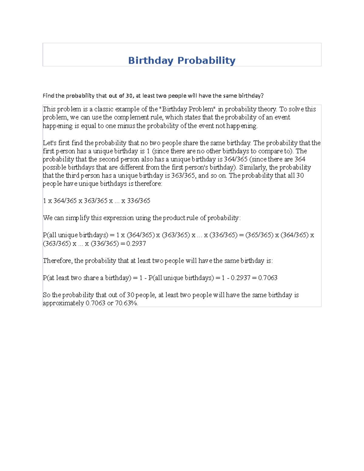 Birthday Problem - Birthday Probability Find the probability that out ...