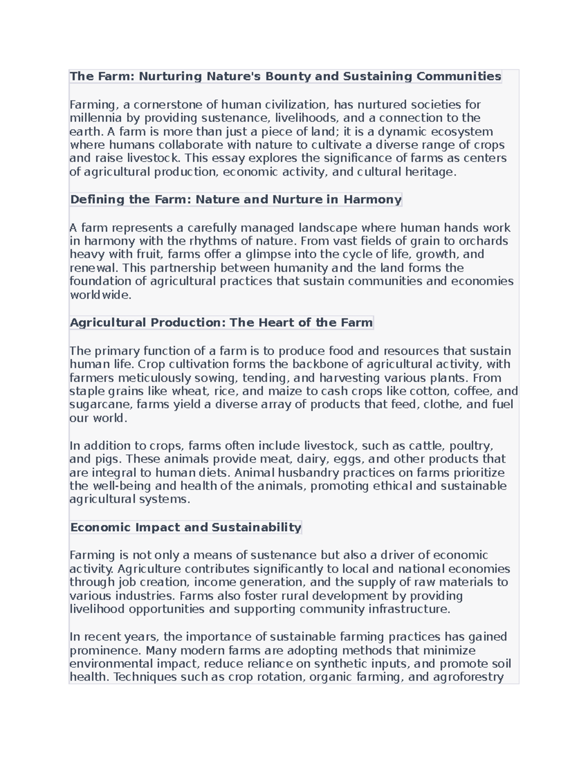 Normal generalised essay - The Farm: Nurturing Nature's Bounty and ...