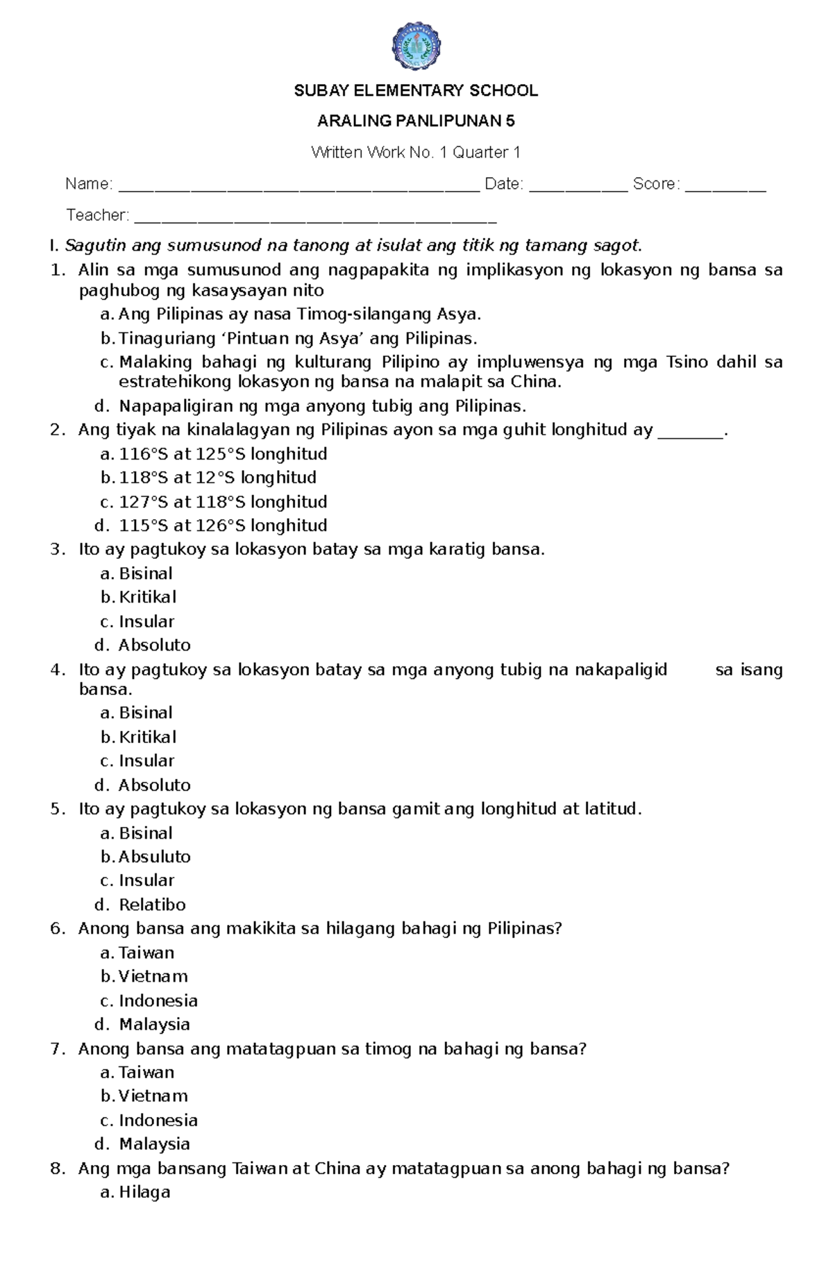 ST AP 5 NO - docs - SUBAY ELEMENTARY SCHOOL ARALING PANLIPUNAN 5 ...