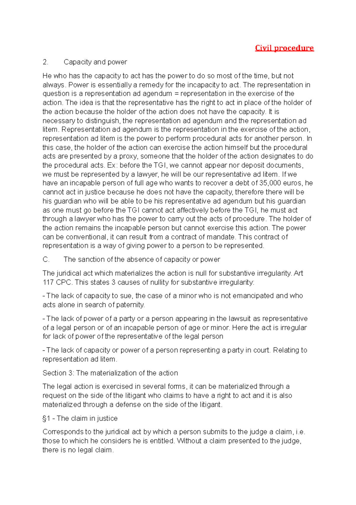 Civil procedure 8 - Civil procedure Capacity and power He who has the ...