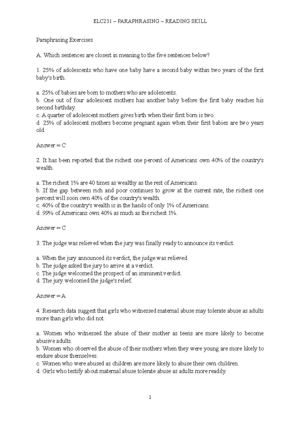 Paraphrasing Exercises - ELC231 – PARAPHRASING – READING SKILL Paraphrasing Exercises A. Which ...