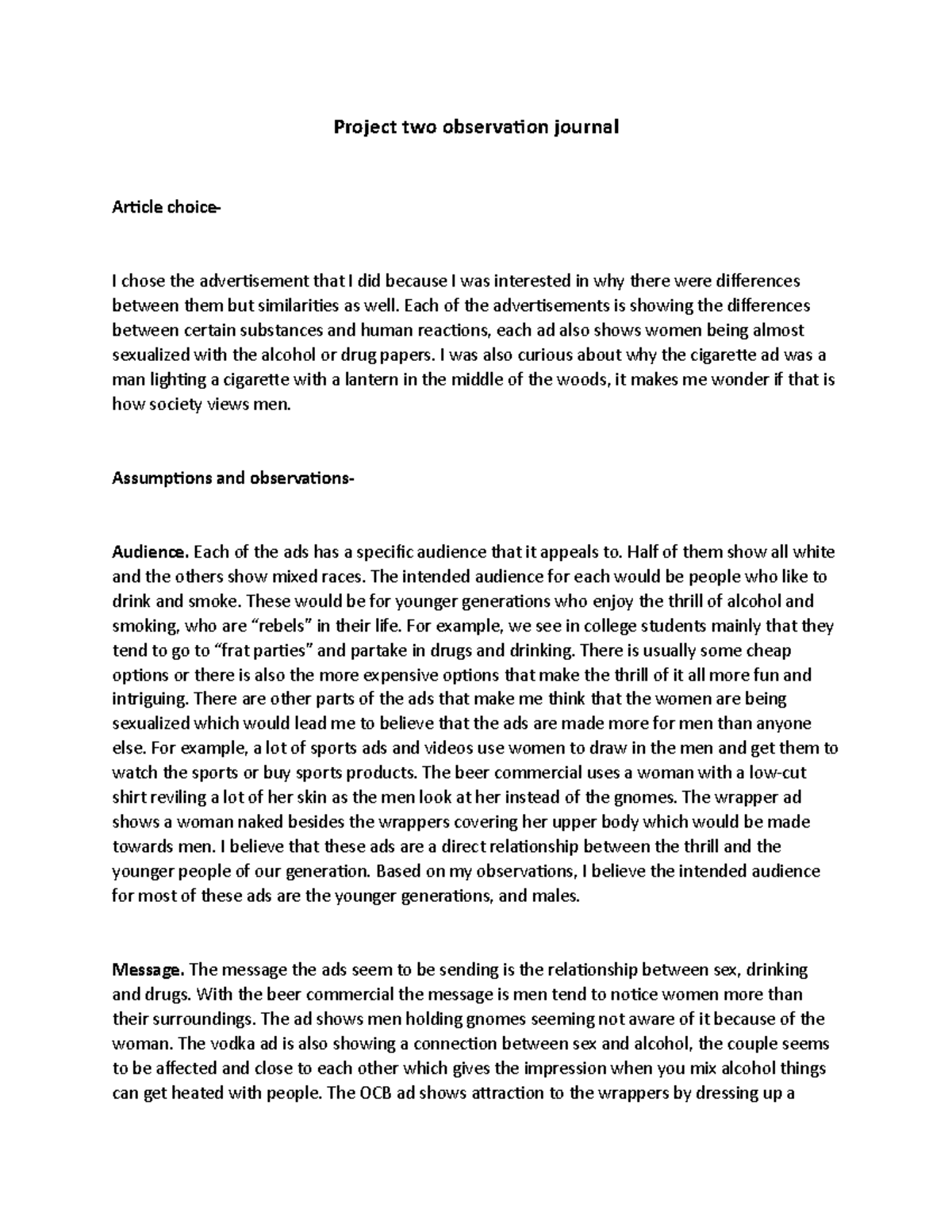 Project two observation journal - Project two observation journal ...