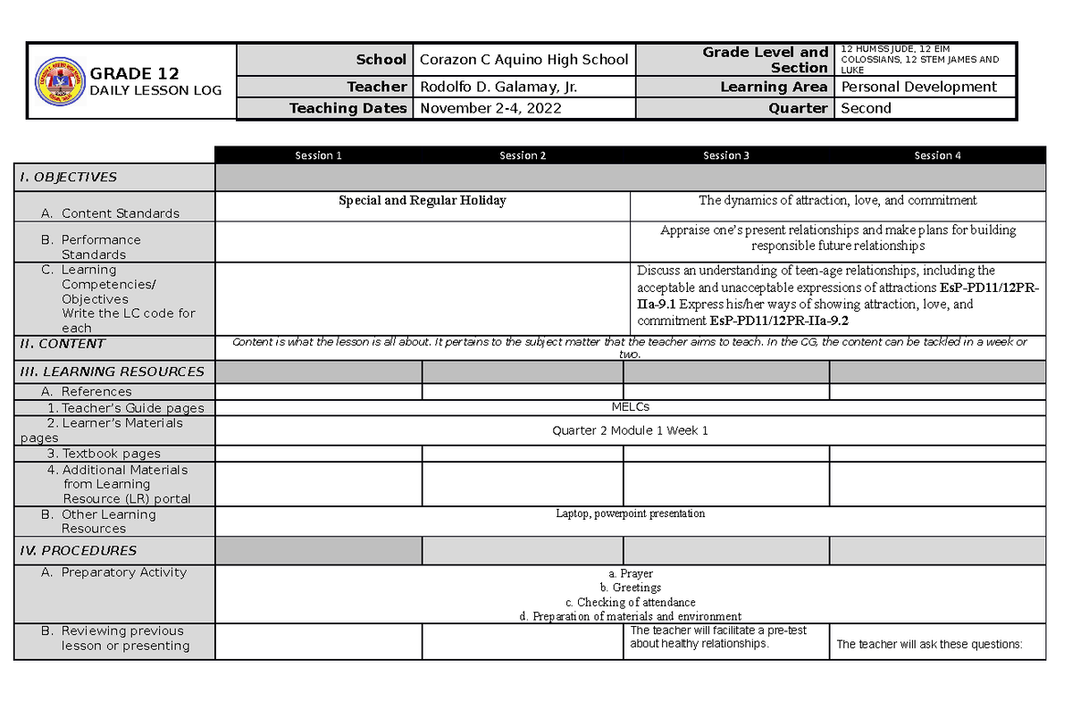 Module 1 week 1 Nov. 2-4, 2022 - GRADE 12 DAILY LESSON LOG School ...