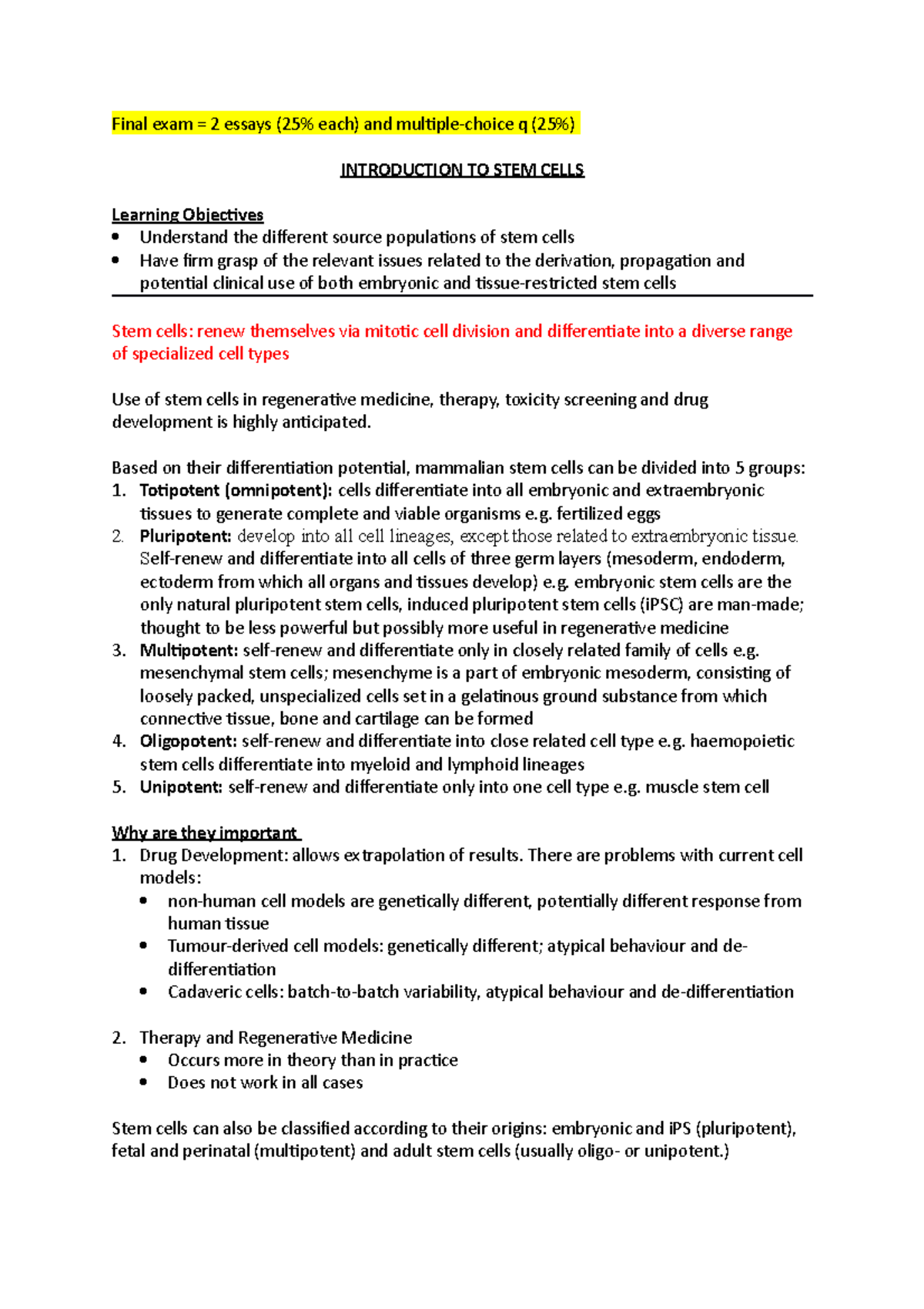 L1 Intro to Stem Cells - Lecture notes 1 - Final exam = 2 essays (25% ...