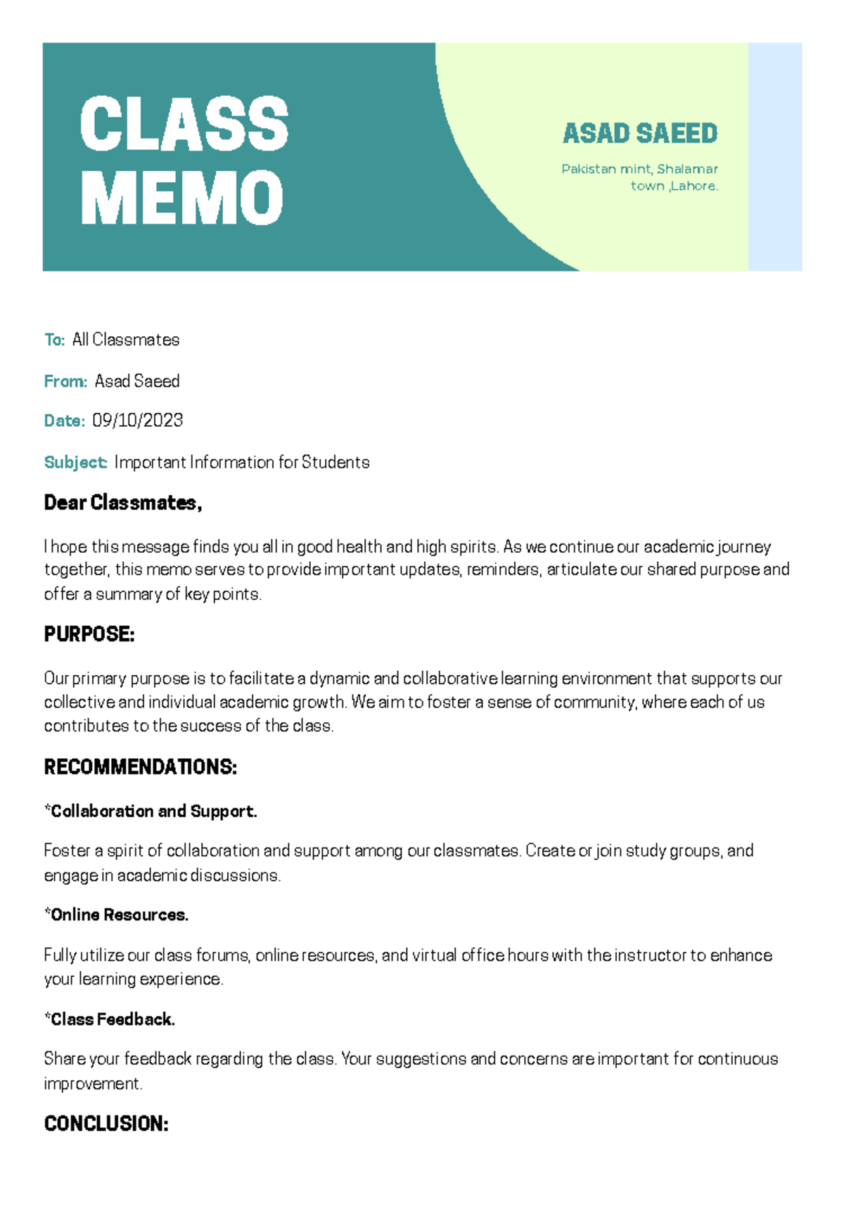 Memo - To: All Classmates From: Asad Saeed Date: 09/10/ Subject ...