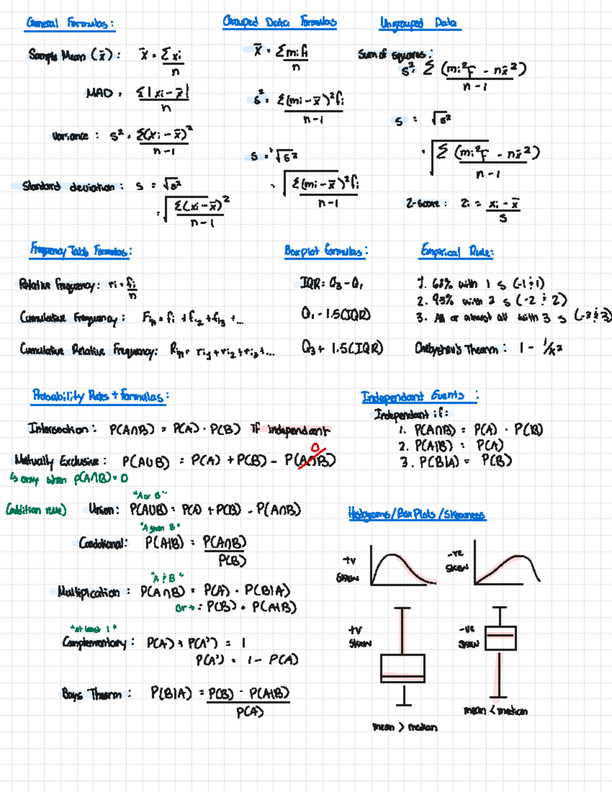 Test 1 Cheat Sheet - ####### General Formulas : Grouped Data Formulas ...