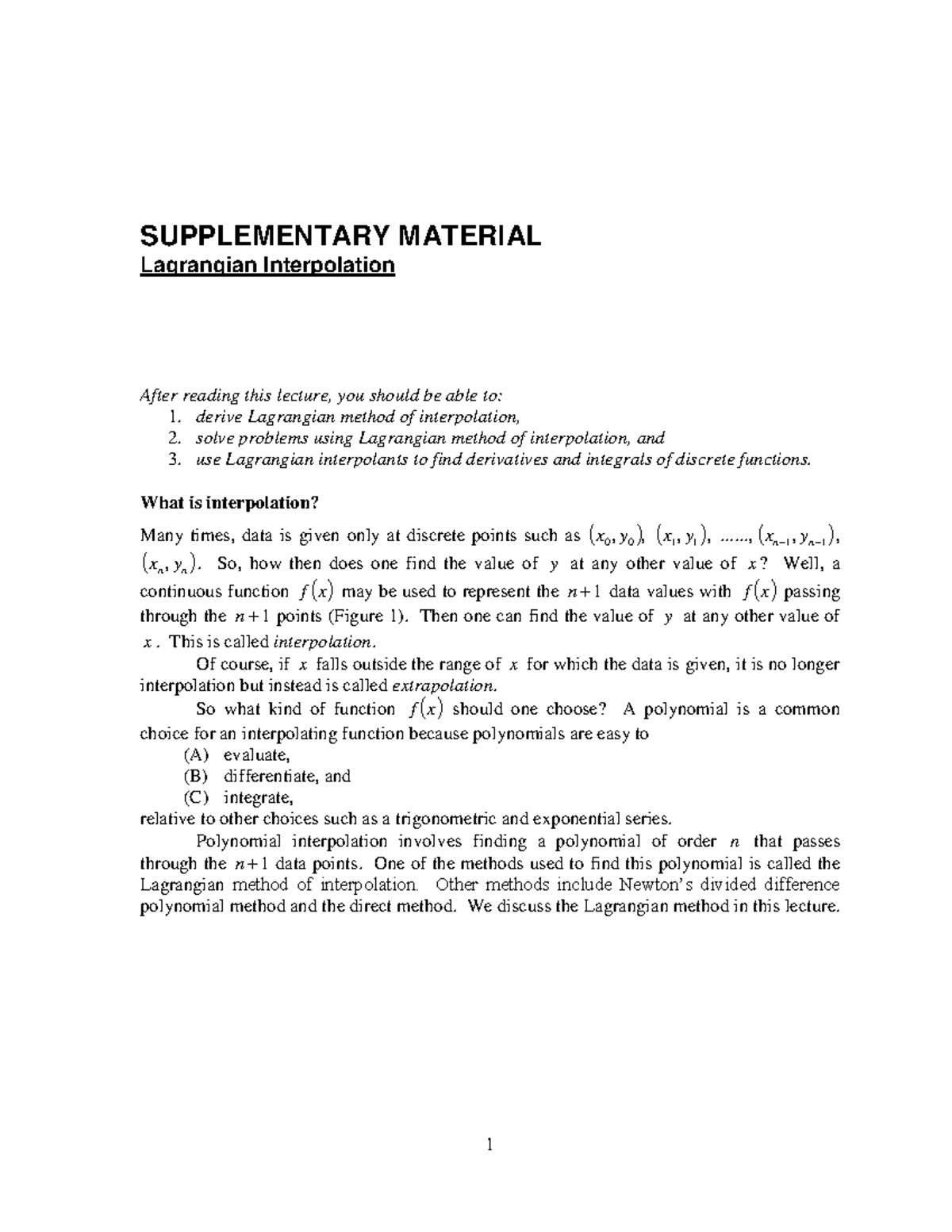 lagrange interpolation - SUPPLEMENTARY MATERIAL Lagrangian Interpolation After reading this ...