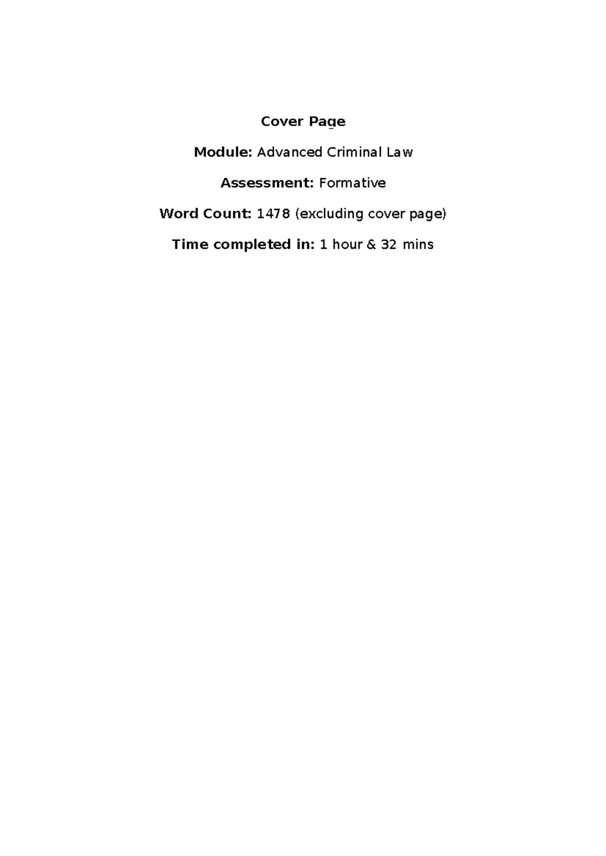 Formative - Final - Cover Page Module: Advanced Criminal Law Assessment ...