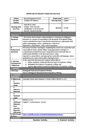 DLP, Lesson Plan - I. Objectives At the end of the lesson, the learners ...