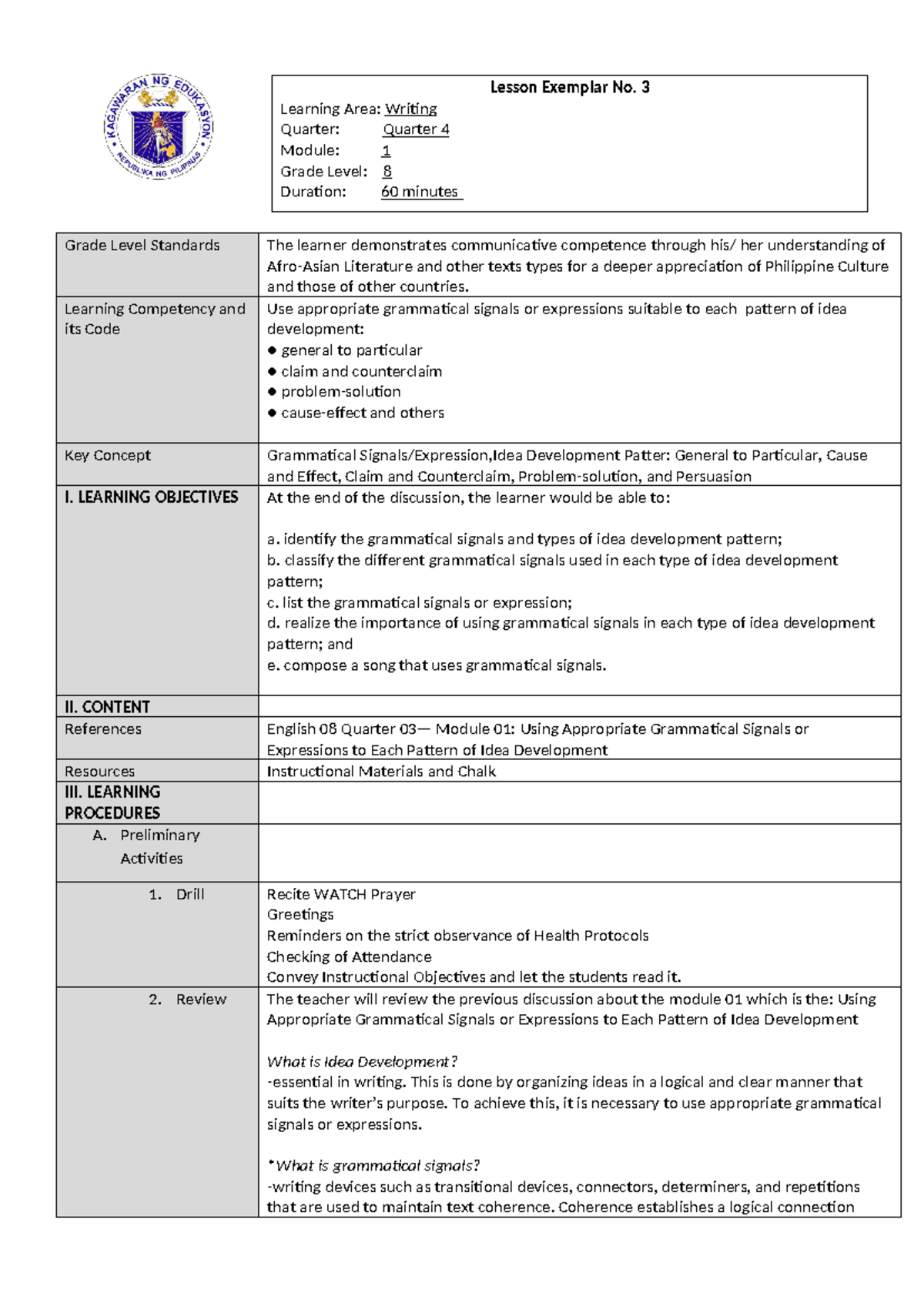 Module 1 Quarter 4 DAY3 - Learning Area: Writing Quarter: Quarter 4 ...