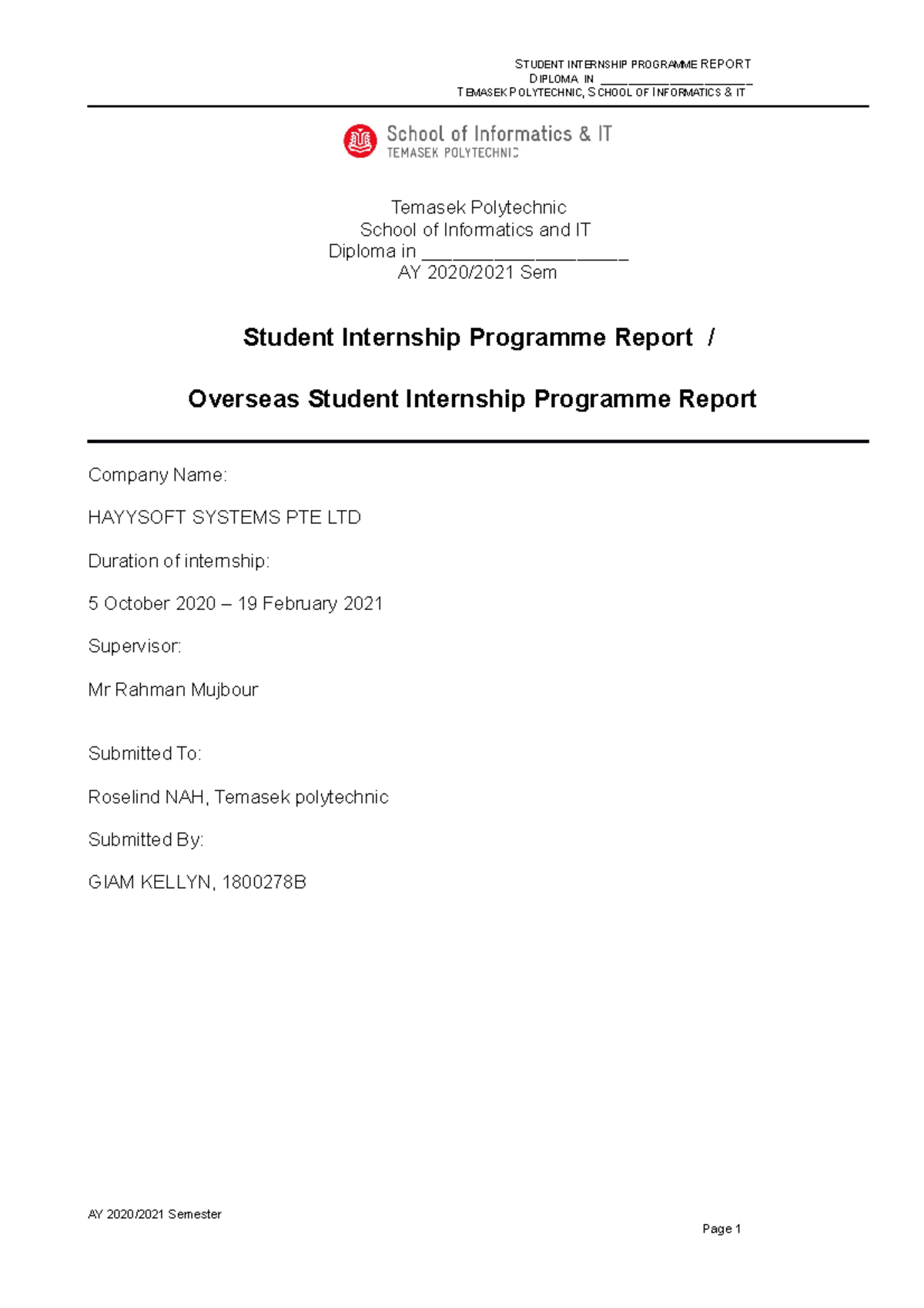 SIP report Reports - Temasek Polytechnic School of Informatics and IT ...